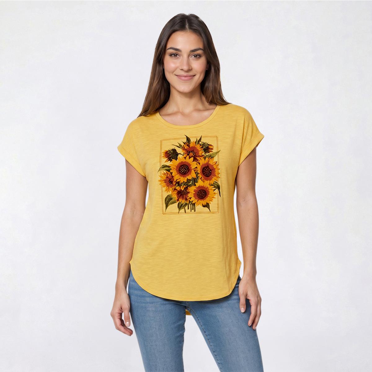 Click here for Womens Tru Self Short Sleeve Dolman Sunflower Flor... prices